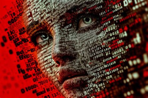 Close up of a Personâs Face Overlaid with Glowing Binary Code Stock Illustration