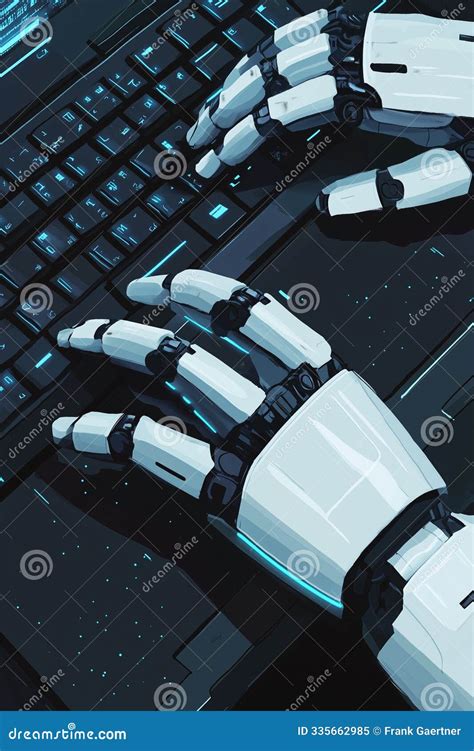 Laptop Keyboard Is Being Typed On By Advanced Bionic Robot Hands Signaling Artificial