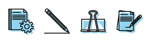 세트 라인 바인더 클립 기어가 있는 문서 설정 지우개와 라인이 있는 연필 지우개 아이콘이 있는 빈 노트북 및 연필을 설정합니다