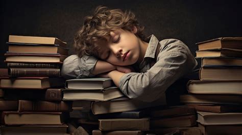 Premium Ai Image The Boy Sleeps On A Stack Of Books Generative Ai