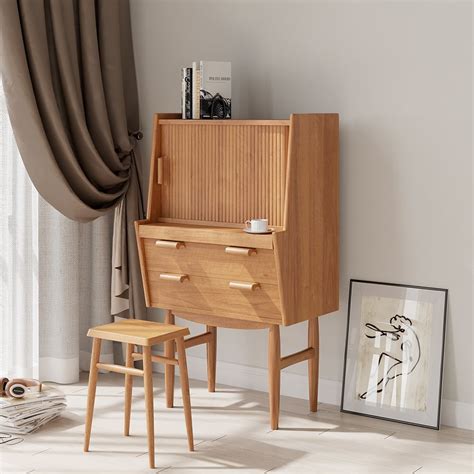 700mm Mid Century Modern Natural And Walnut Secretary Desk With Hutch