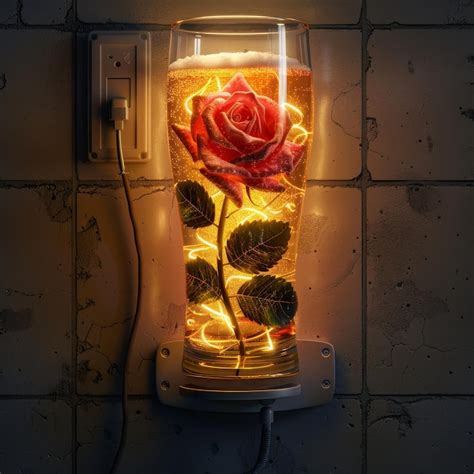 Red Rose In A Glass Of Beer On A Brick Wall Background Premium Ai