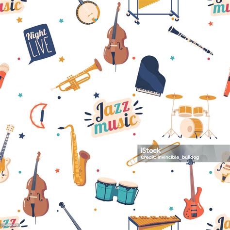 다이나믹 이음매 없는 패턴 다양한 재즈 악기 피아노 더블 베이스 색소폰 벡터 일러스트레이션 벡터에 대한 스톡 벡터 아트 및 기타 이미지 Istock