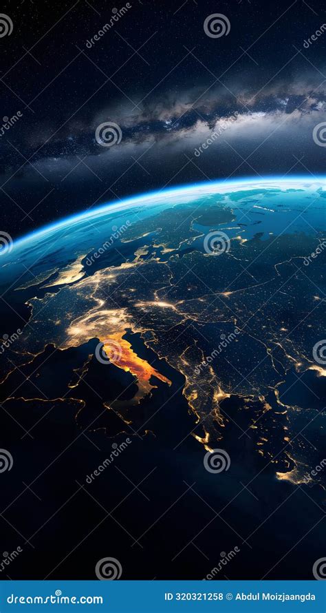 Earths Curvature And Illuminated Continents Against Milky Way In Mesmerizing Space View Stock