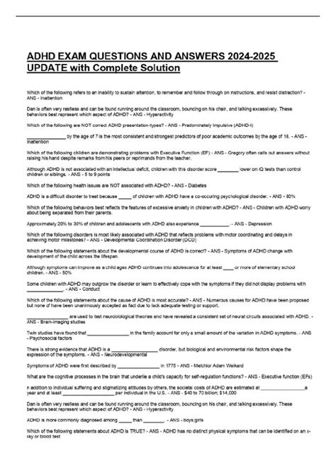 ADHD EXAM QUESTIONS AND ANSWERS UPDATE With Complete Solution Adhd Stuvia US