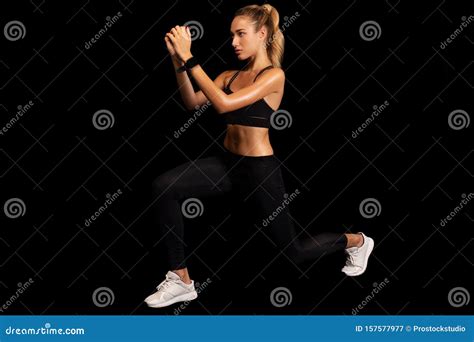 Girl Doing Split Squat Curl On Black Background Stock Image Image Of Person Body