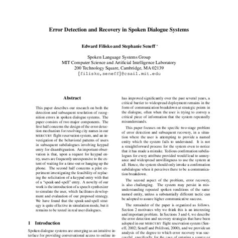 Error Detection And Recovery In Spoken Dialogue Systems Acl Anthology