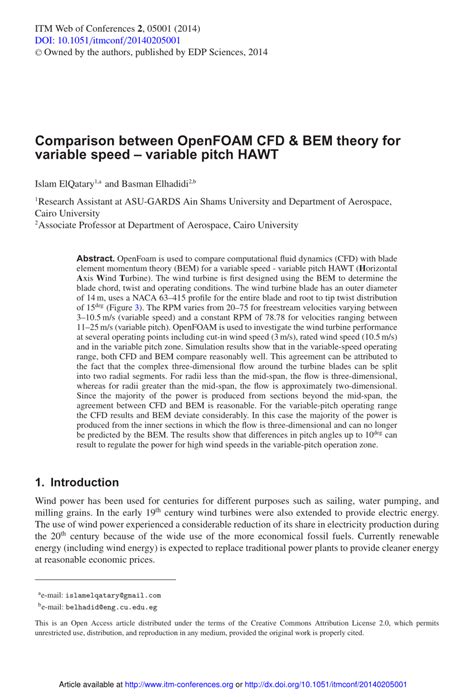 Pdf Comparison Between Openfoam Cfd And Bem Theory For Variable Speed