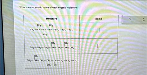 Solved Write The Systematic Name Of Each Organic Molecule Ch3 1 Ch3 Ch3 Ch Ch Ch Ch₂ Ch₂ Ch3
