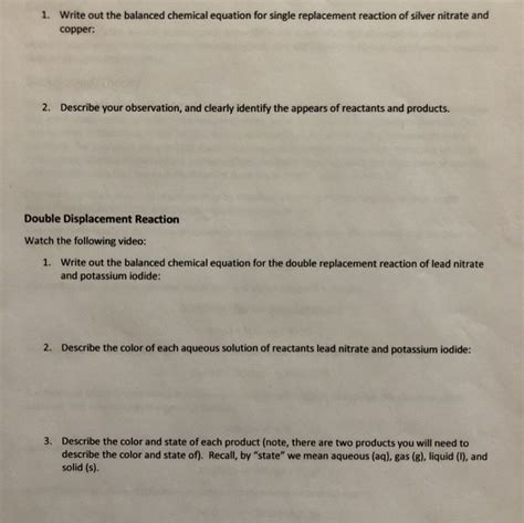Solved 1 Write Out The Balanced Chemical Equation For