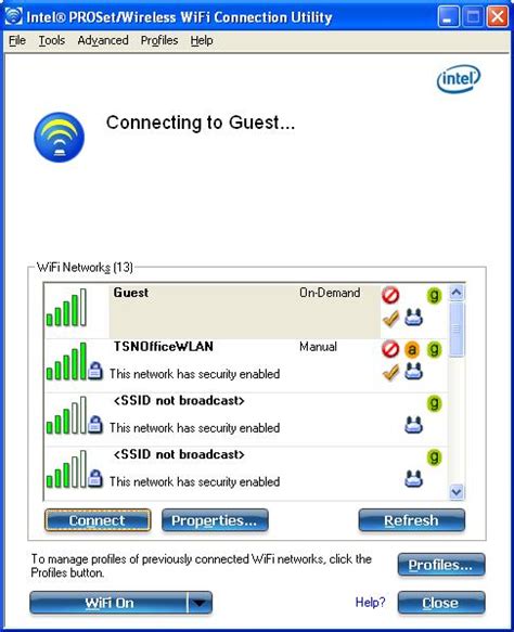 Intel® PROSet/Wireless WiFi Connection Utility Main Window