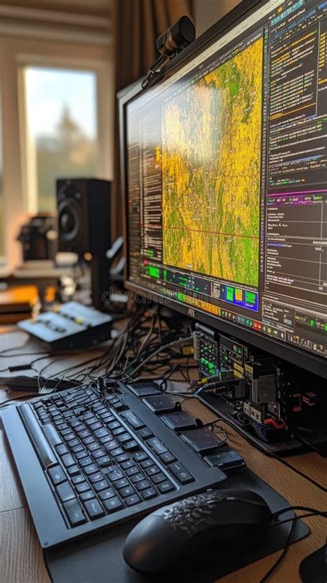 Modern Workspace With High Tech Computer Setup Displaying Data Analysis And Monitoring Tools