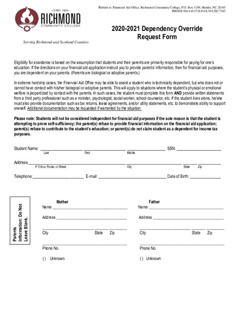 fillable online 2020 2021 dependency override request form fax email