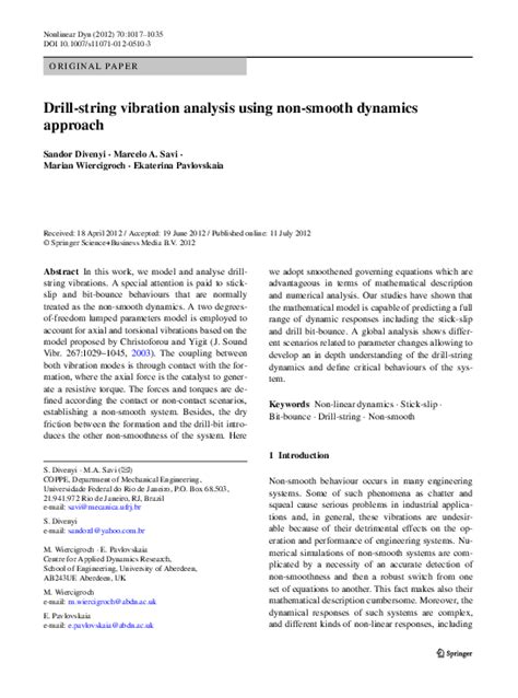 pdf drill string vibration analysis using non smooth dynamics approach