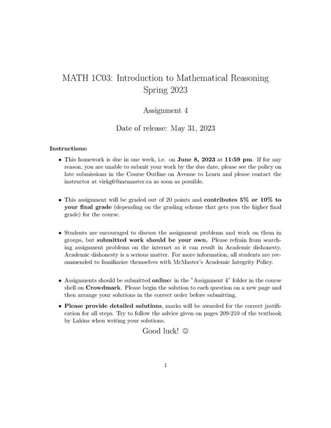 Math 1c03 Assignment 4 Aan Math 1c03 Introduction To Mathematical