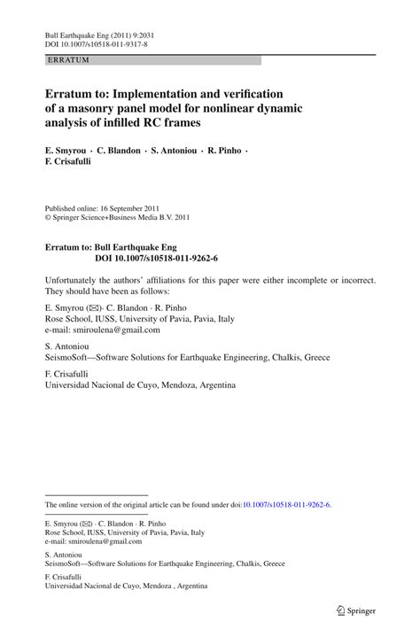 Pdf Erratum To Implementation And Verification Of A Masonry Panel Model For Nonlinear Dynamic