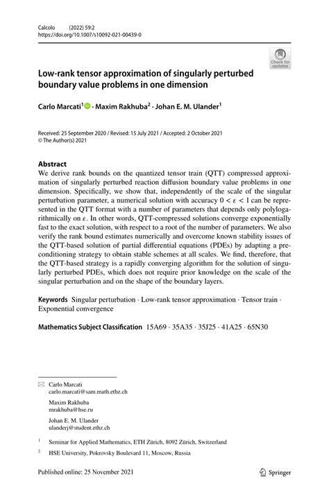 Pdf Low Rank Tensor Approximation Of Singularly Perturbed Boundary Value Problems In One Dimension