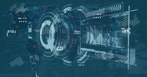 Image Of Digital Interface And Data Processing Over World Map On Blue Background Stock Image