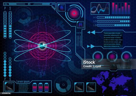 미래의 레이더 원자 사용자 인터페이스입니다 Hud입니다 인포 그래픽의 미래 파란색 배경입니다 세계 지도와 설정 Gui