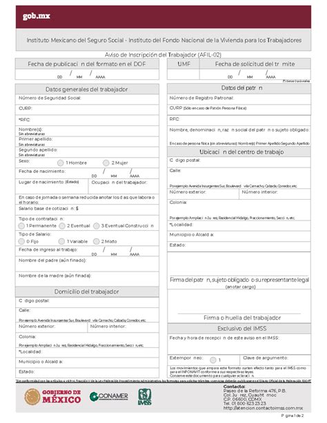 Aviso De Inscripción Del Trabajador Imss Formato Afil 02 Editable Pdf