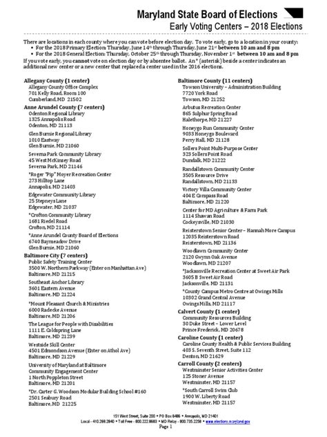 Maryland 2018 Early Voting Locations Pdf Maryland Baltimore