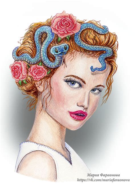 Иллюстрация Девушка со змеёй в волосах в стиле графика