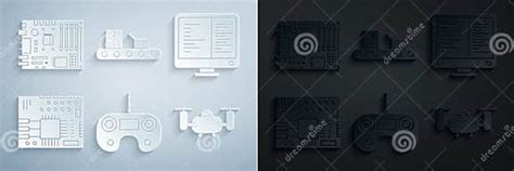 Set Remote Control Printed Circuit Board Pcb Drone Flying With Action Camera Conveyor Belt