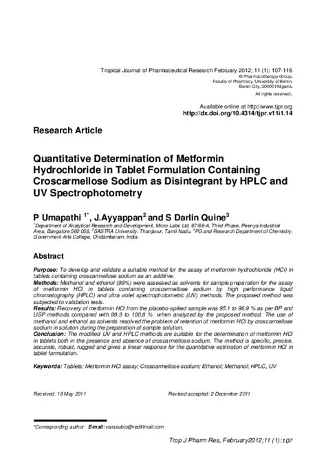 Pdf Quantitative Determination Of Metformin Hydrochloride In Tablet Formulation Containing