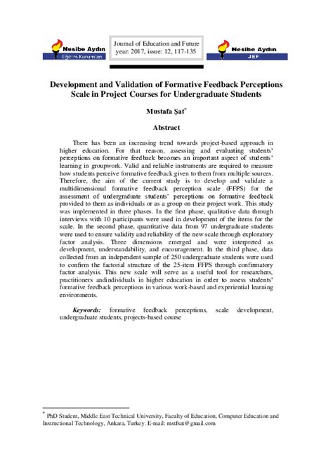 Pdf Development And Validation Of Formative Feedback Perceptions Scale In Project Courses For