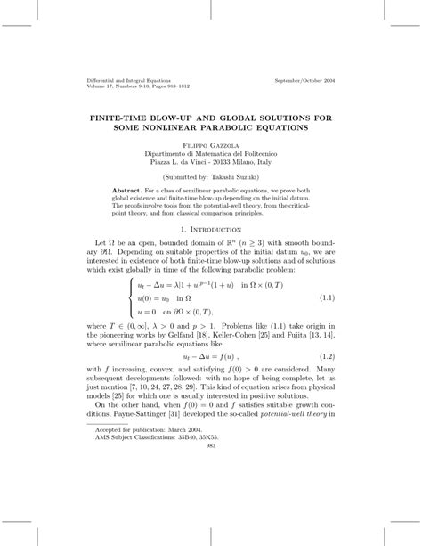 Pdf Finite Time Blow Up And Global Solutions For Some Nonlinear Parabolic Equations