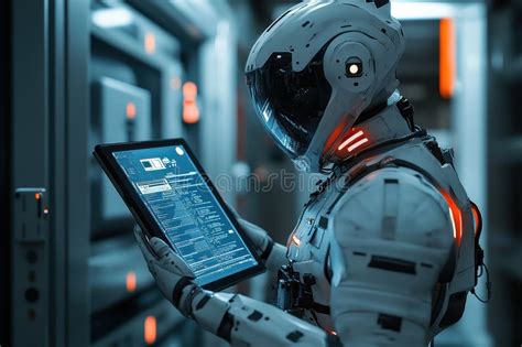 Robotic Technician Using Ai Diagnostic Tablet In An Automated Manufacturing Plant Generative Ai