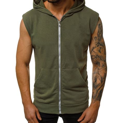 Mens Hoodie Casual Sleeveless Gym Fitness Workout Zipper Pockets