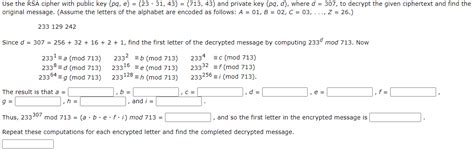 Solved Use The Rsa Cipher With Public Key Pq E 2331