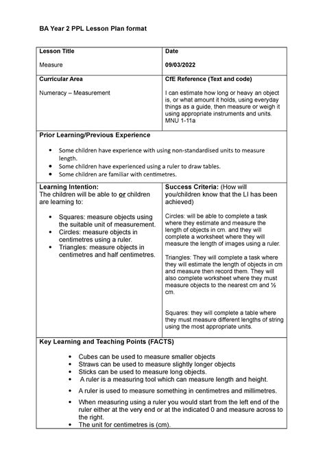 Lesson 4 Plan New Ba Year 2 Ppl Lesson Plan Format Lesson Title
