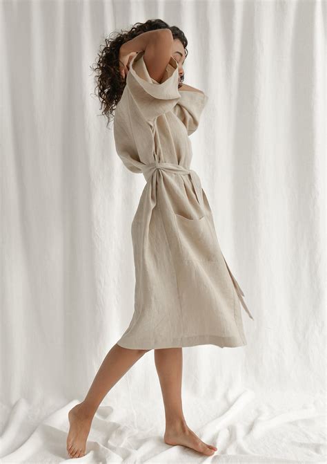 Beige Linen Bathrobe Handmade Linen Kimono Robe Oversized Linen Robe