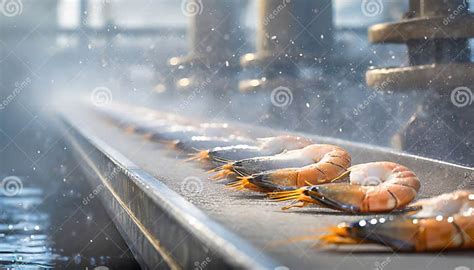 Shrimp On Production Line Go Through The Freezing Process Preparations In Food Industry Stock
