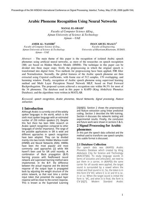 Pdf Arabic Phoneme Recognition Using Neural Networks