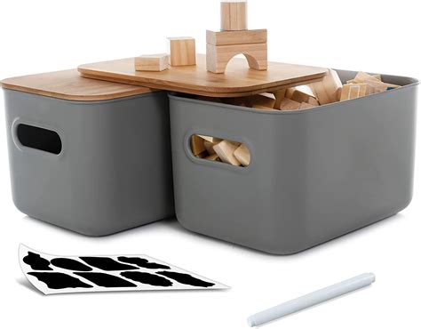 2 Packs Plastic Storage Bins With Bamboo Lids Stackable Storage Containers For Organizing