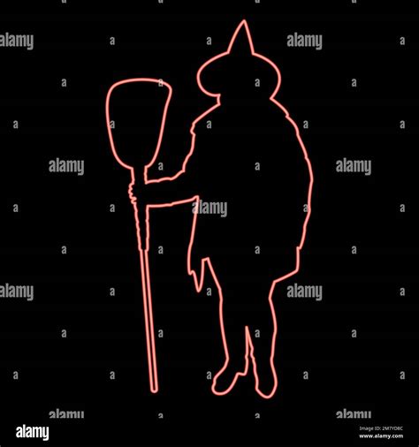 Neon Fairy Wizard Witch Holding Broom Subject For Halloween Concept Red