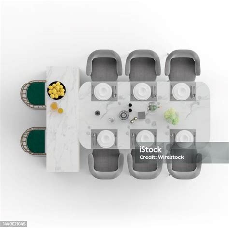 흰색 배경에 격리된 회색 좌석이 있는 대리석 식탁의 상위 3d 렌더링 0명에 대한 스톡 사진 및 기타 이미지 0명 3차원 형태 가구 Istock