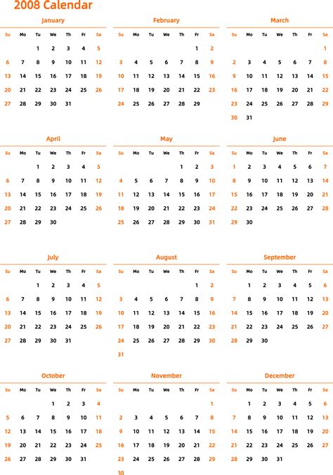 日历表2008年日历 英文版 纵向排版 周日开始 模板[df004] 日历精灵