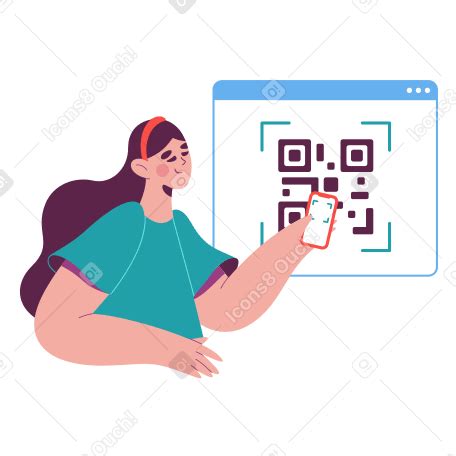 Woman Scans A QR Code With Her Phone Illustration In PNG SVG