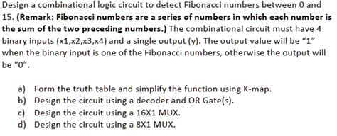 Solved Design A Combinational Logic Circuit To Detect Fibonacci Numbers Between 0 And 15