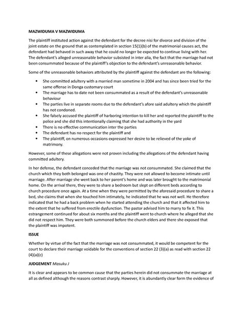 Case Summaries Under Nullity Mazwiduma V Mazwiduma The Plaintiff Instituted Action Against The