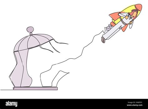 Single One Line Drawing Arabian Businessman Flying With A Rocket And