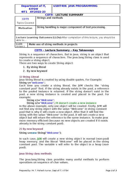 Java Cdt9 Summary 4it1 Tmk Department Of It Kitsw 4it1 Ay2022 U18it406 Java Programming