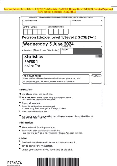 Pearson Edexcel Level 1level 2 Gcse 91 Statistics Paper 1 Higher
