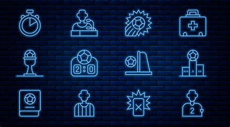 세트 라인 축구 또는 축구 선수 스포츠 우승자 연단 축구 축구 스포츠 기계 스코어 보드 컵 및 스톱워치 목표 및 기자 회견 아이콘에 대한 상 벡터 가죽에 대한 스톡 벡터