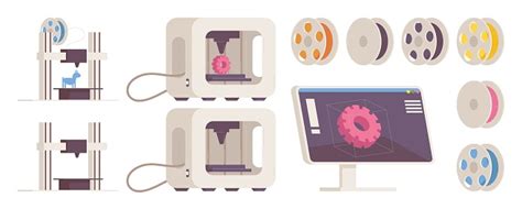 3d 인쇄를 위한 벡터 컬렉션입니다 기어 프로토타입 다양한 컬러 필라멘트 스풀이 있는 프린터 및 디스플레이 3차원 형태에 대한 스톡 벡터 아트 및 기타 이미지 Istock