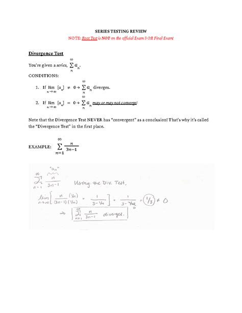CALC Series Testing Review Fixed SERIES TESTING REVIEW NOTE Root Test Is NOT On The
